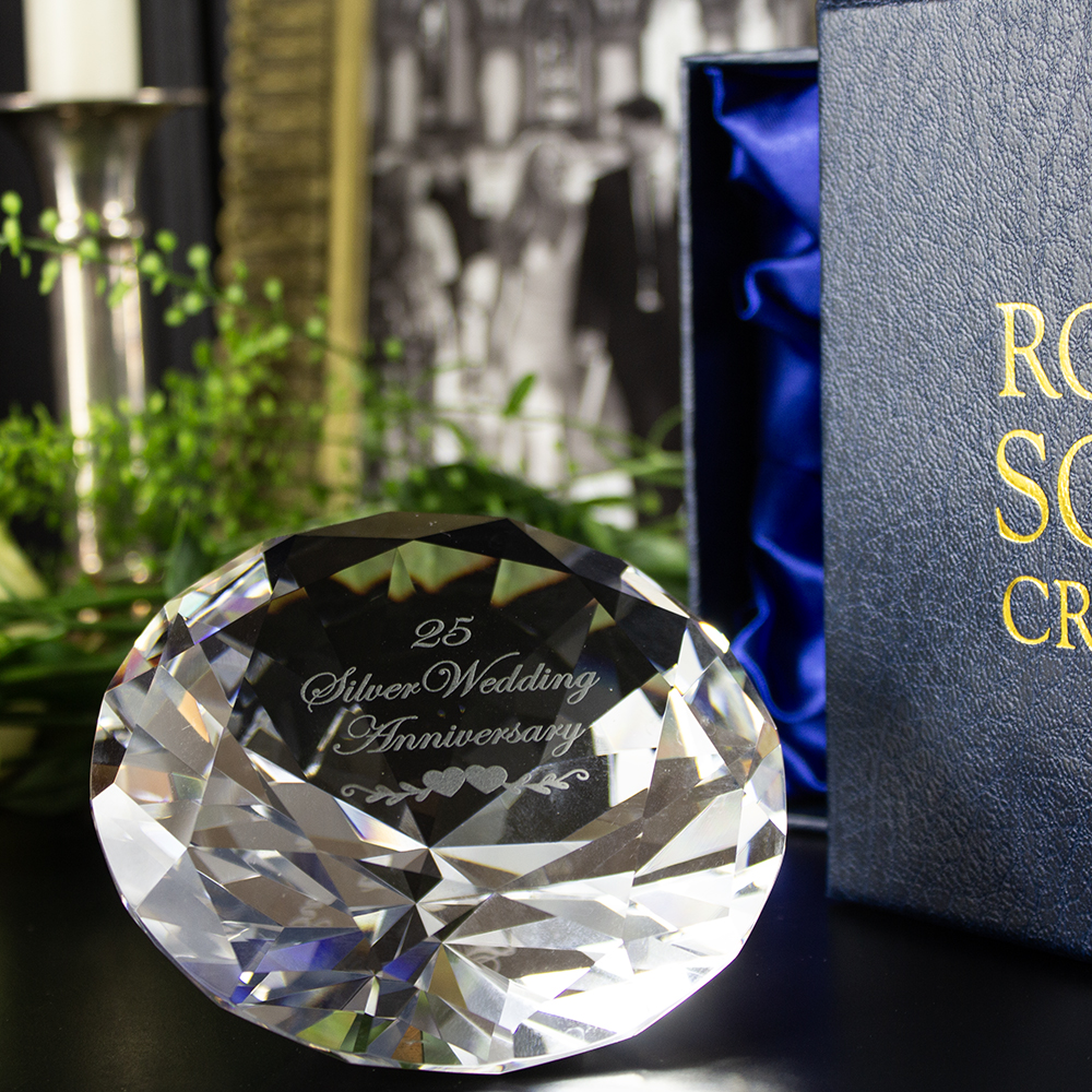 Crystal Glass Diamond shaped Paperweight engraved Silver Wedding ...