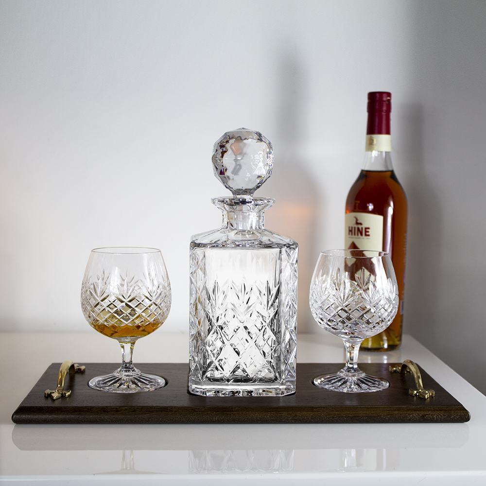 Edinburgh Solid Oak Brandy Tray Set (Square Spirit Crystal Decanter & 2 ...