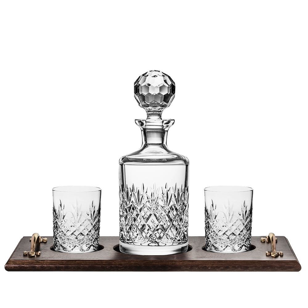 Edinburgh Malt Whisky Tray Set - (Round Spirit Decanter & 2 Whisky Tumblers on solid oak wooden ...