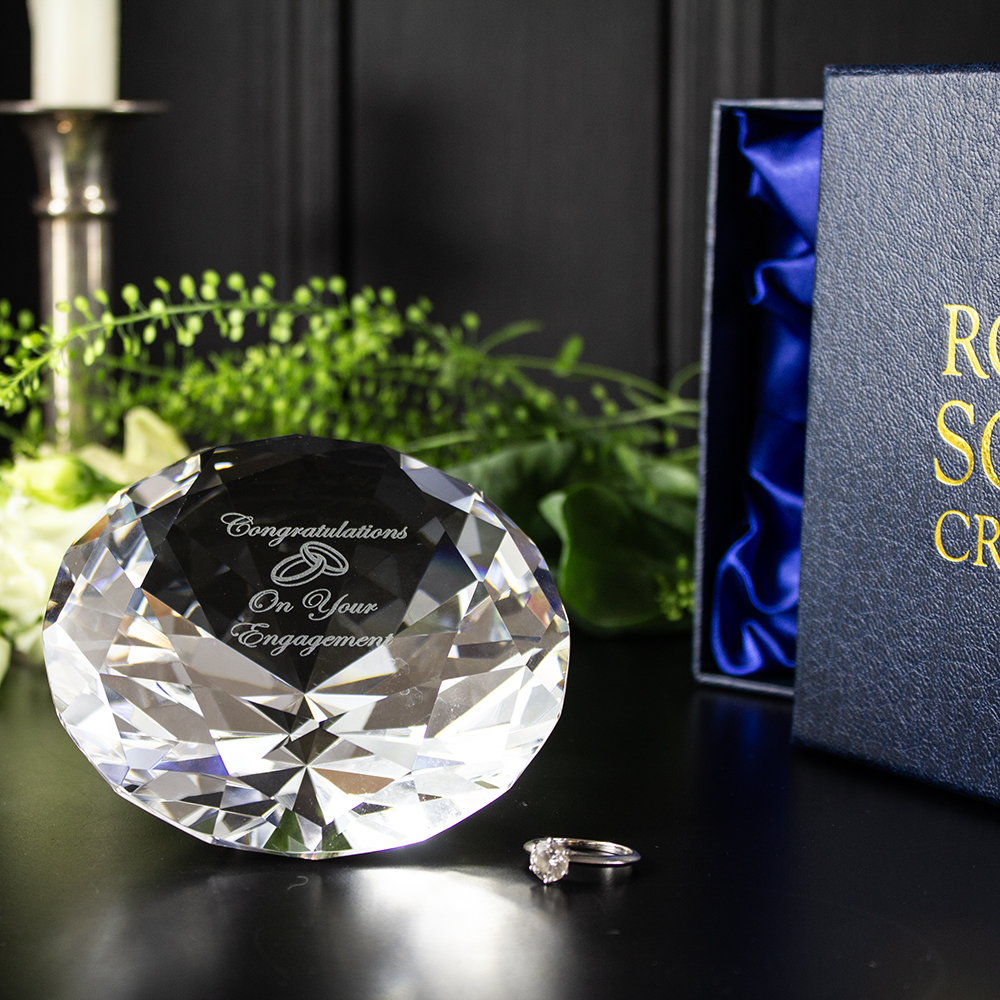 Crystal Glass Diamond shaped Paperweight engraved Engagement ...